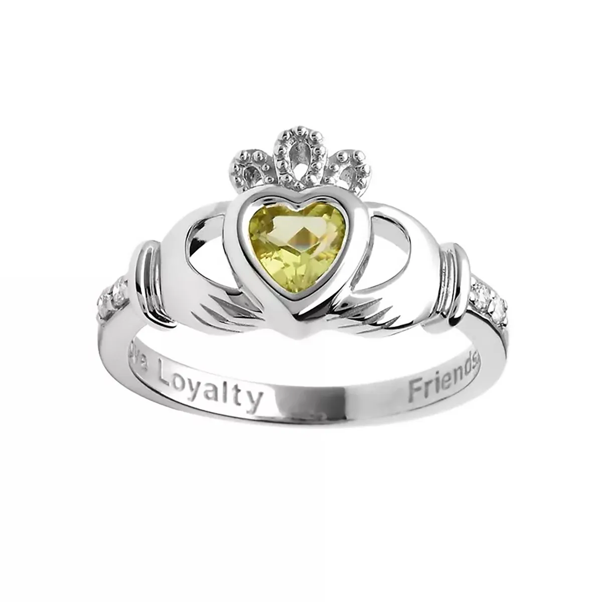 14K White Gold Claddagh August Birthstone Ring