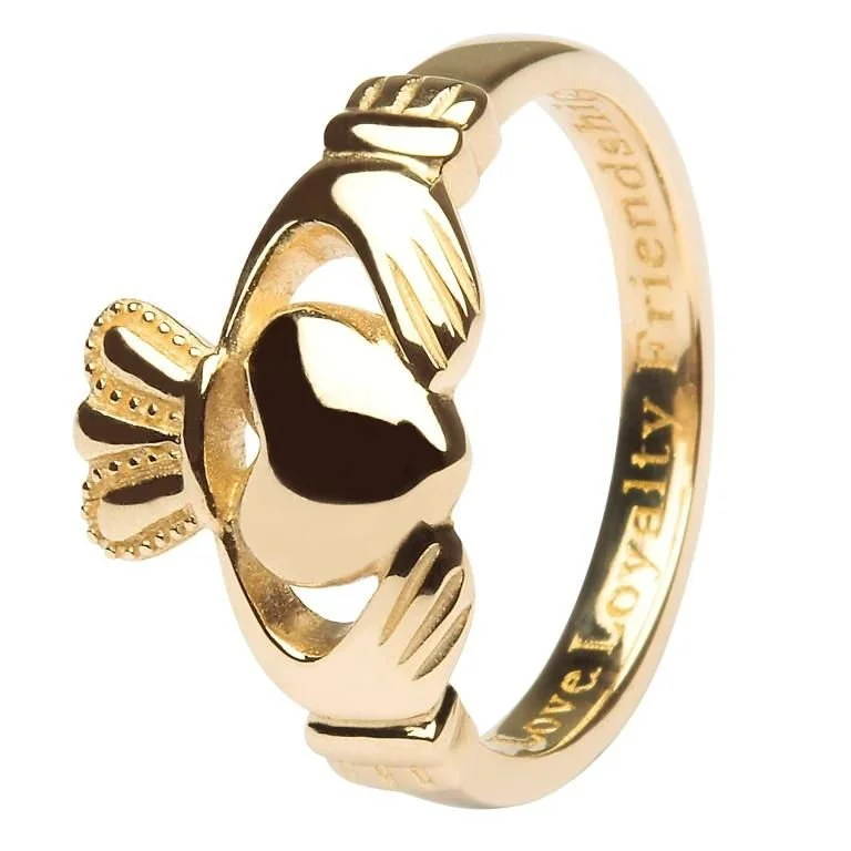 Women's 14k Gold Claddagh Ring Engraved with Love Loyalty and Friendship