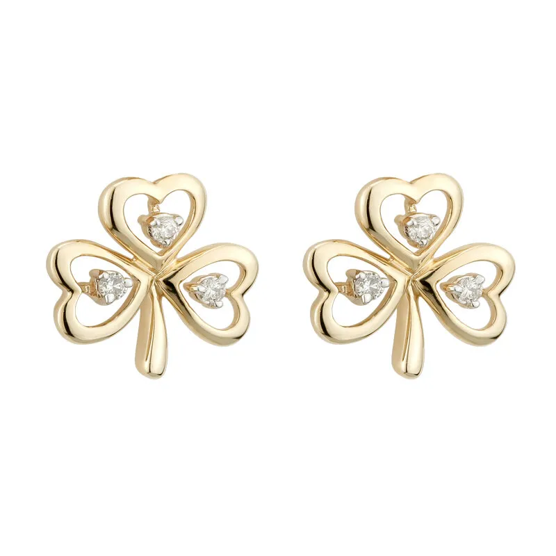 14k Gold Shamrock Stud Earrings With Diamonds - Irish Jewelry Craft