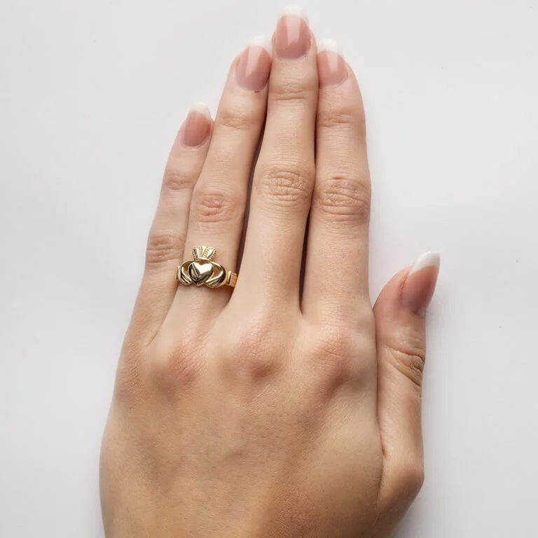 Women's 14k Gold Claddagh Ring Engraved with Love Loyalty and Friendship