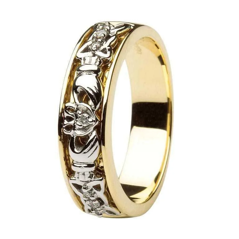 Ladies Two Tone Claddagh Celtic Knot Wedding Ring With Diamonds