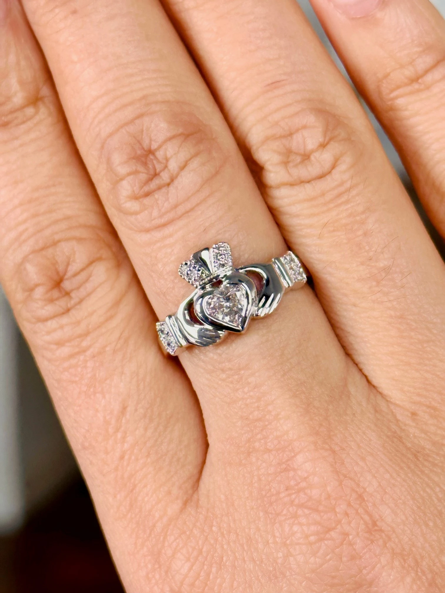 14k White Gold Claddagh Engagement Ring with Diamond Heart - Irish ...